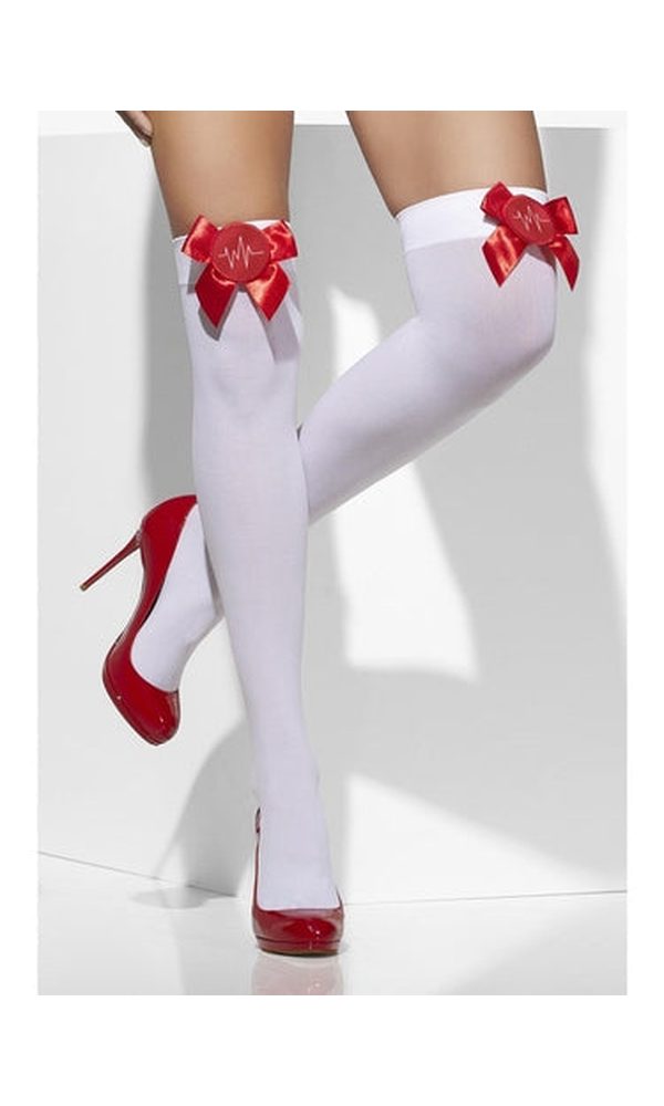 Opaque Hold-Ups, White, with Red Bows | Party Costumes NZ